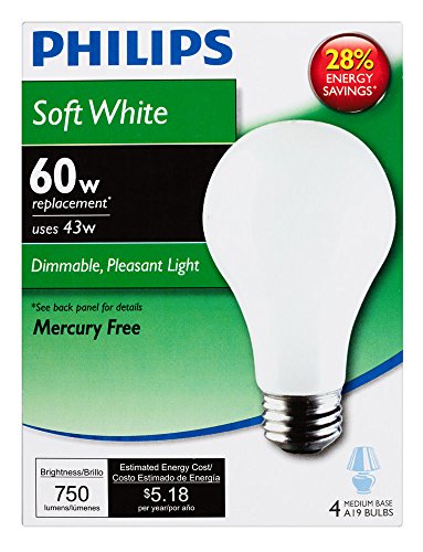 PHILIPS Halogen Dimmable A19 Light Bulb: 790-Lumen, 2920-Kelvin, 43-Watt (60-Watt-Equivalent), Medium Screw Base, Soft White, 4-Pack
