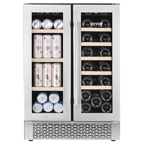 VEVOR Cooler Dual-Zone Beverage Refrigerator Built-in or Freestanding Wine Fridge & Blue LED Light, Tempered Glass Doors, Child Lock for Drink Soda, 81 Cans and 20 Bottles, Black, Silver