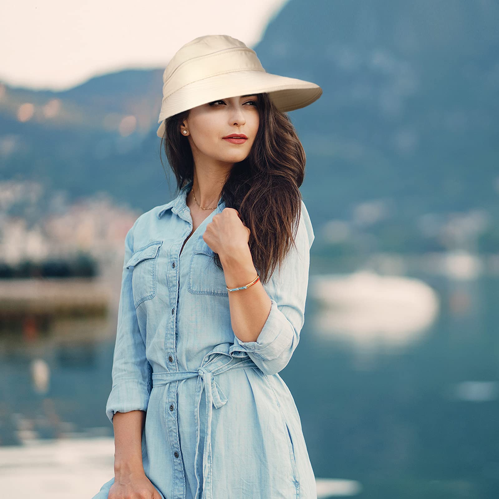 Women's Sun Hats Beach Hats with Wide Brim 2 in 1 Women UV Protection Sun Hat Packable Visor Golf Hat for Women (Beige, Navy Blue, Gray,3 Pieces)