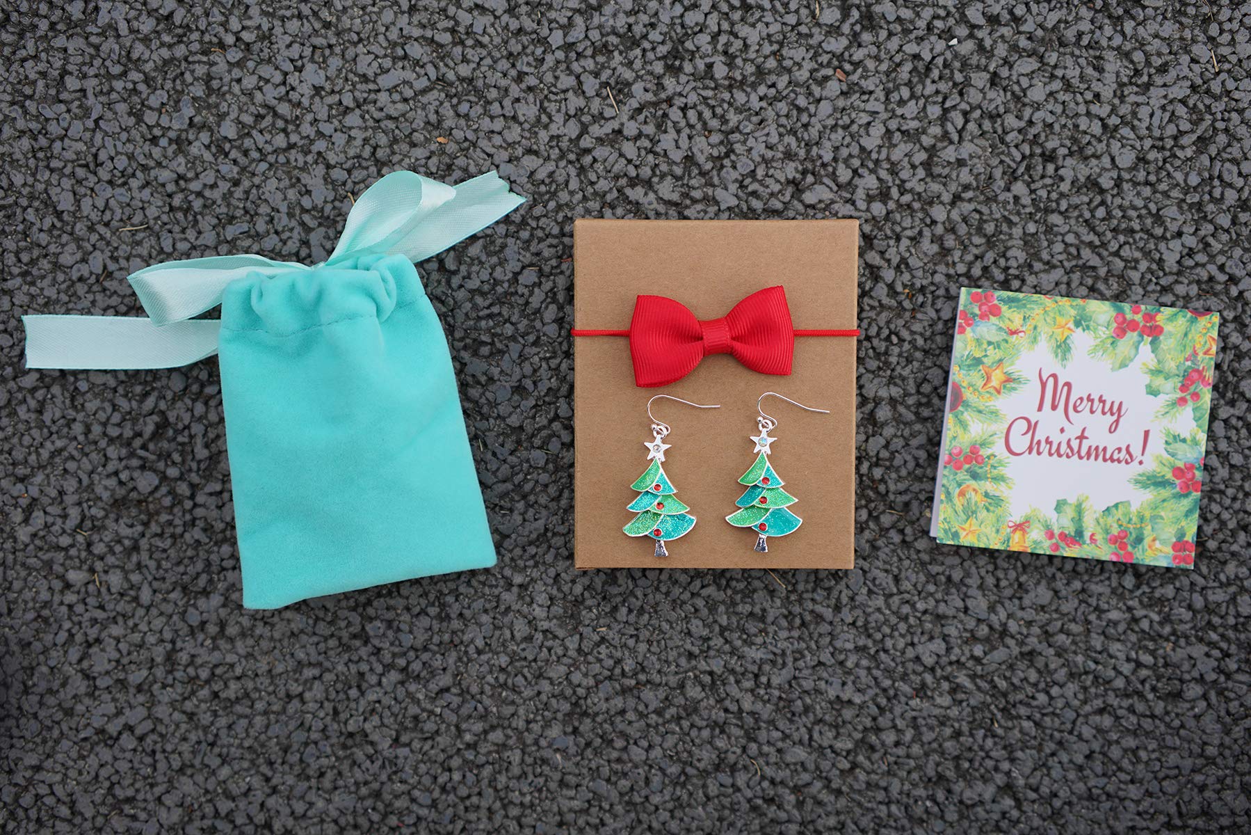 RareLove Green Christmas Tree with Star Red Rhinestone Pierced Dangle Earrings CZ Crystal Silver Plated Alloy Holiday For Women
