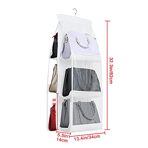 SNOMEL 2 Pack Hanging Purse Handbag Storage Organizer, 6 Pockets Thick & Soft Fabric Handbag Holder for Closet, Foldable Bag Collection Hanger for Wardrobe Shelf (Black & White)