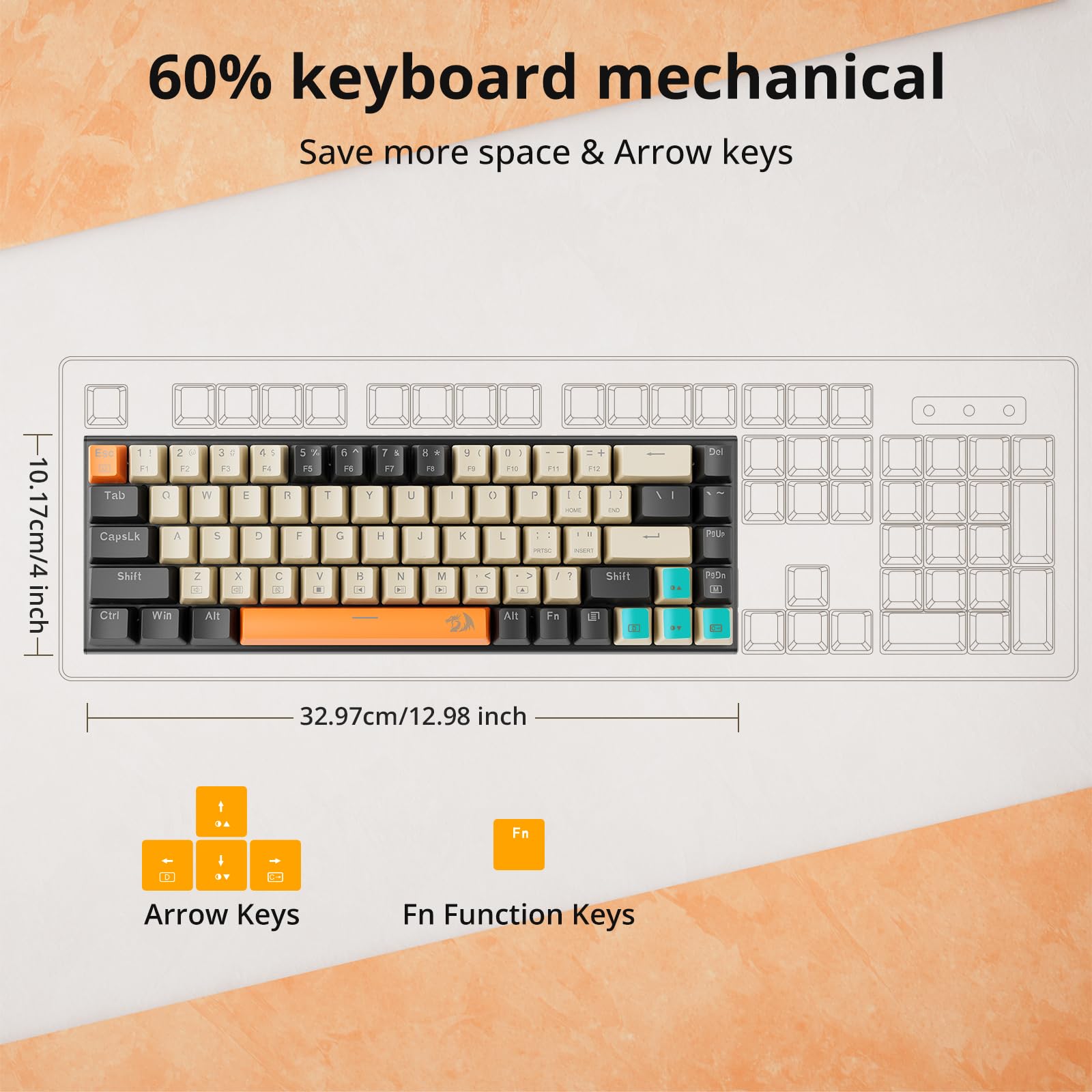 Redragon 60% Mechanical Gaming Keyboard, 68 Keys Wired Office RGB Keyboard with Arrow Keys, Programmable Macro, Red Switches for Windows Mac PC Laptop, Black/Beige/Orange