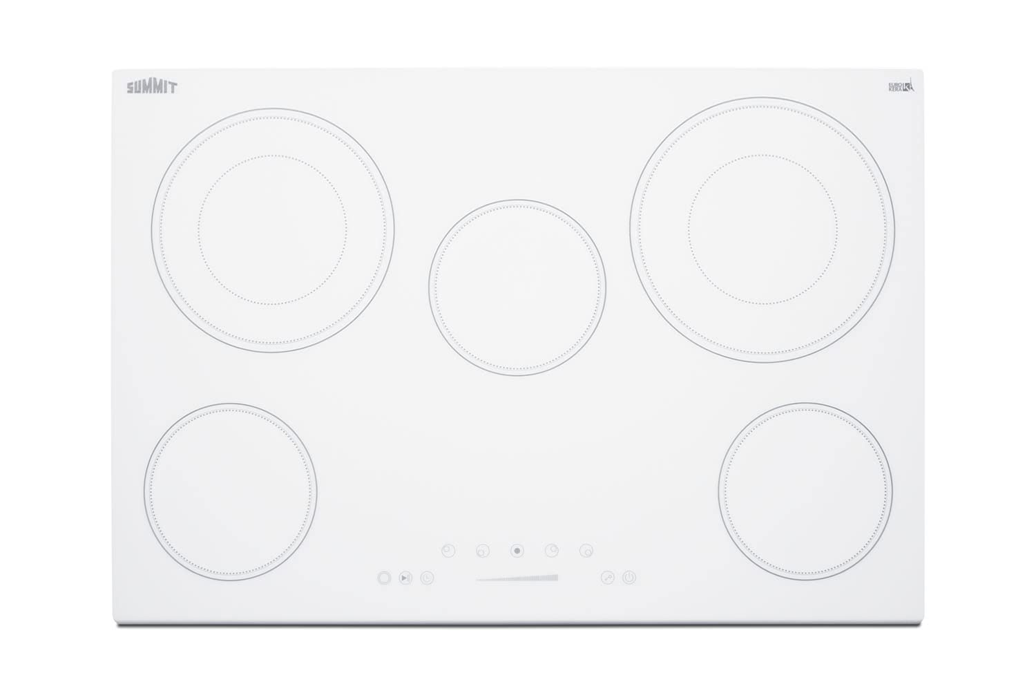 Summit Appliance CR5B30T8W 30" Wide 5-Burner Radiant Cooktop, White, Ceramic Glass Surface, Digital Touch Controls, 9 Power Levels, Programmable Timer, Residual Heat Indicator, 208-240v Operation