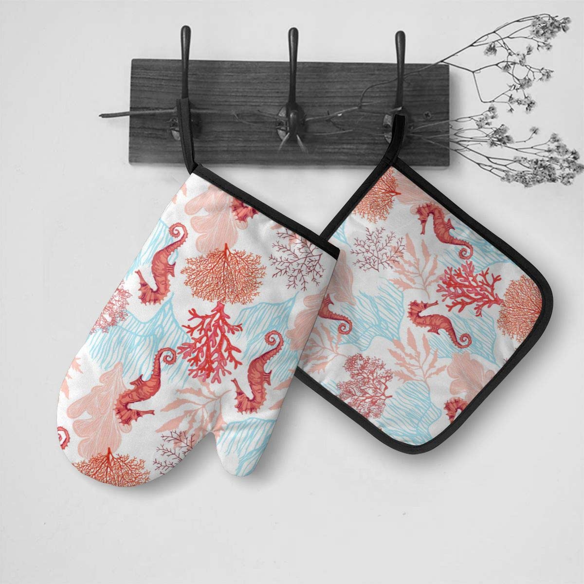 VunKo Sea Horse Oven Mitts and Pot Holders Sets Heat Resistant Coral Oven Gloves with Non-Slip Surface for Safe BBQ Cooking Baking Grilling Set of 2