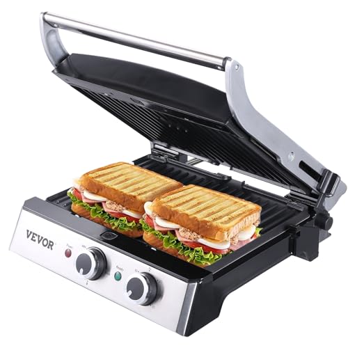 VEVOR Electric Contact Grills, 1500W Indoor Countertop Panini Press Griddle, Sandwich Maker with Non Stick,2 Reversible Iron Cooking Plates,0-446β Adjustable Temperature Control,Timer Function,120V