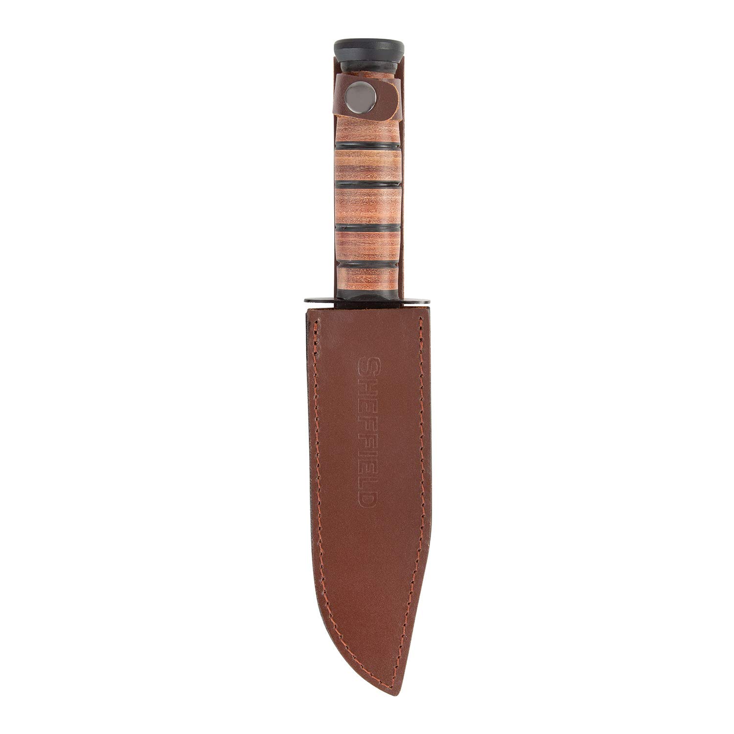 Sheffield 12693 Military Gear Fixed Blade Knife, 7 Inch Clip Point Full Tang Knife, 5 Inch Stacked Leather Handle, Fixed Blade Knife with Sheath