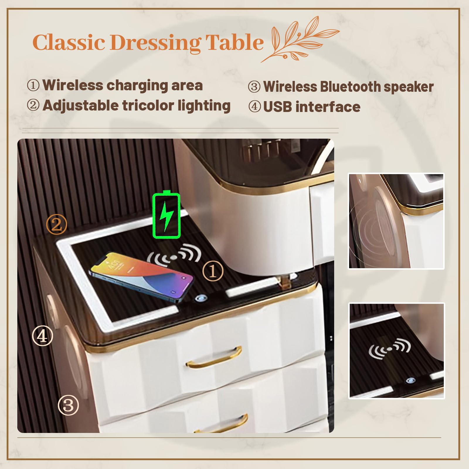 REDVOIU Vanity Set-Smart Vanity Desk with Bluetooth Speaker and Wireless Charging Station ,Mirror with Led Lights,5 Solid Wood Drawers,Include Vanity Chair (Petal Chair, White100CM/39.4IN)