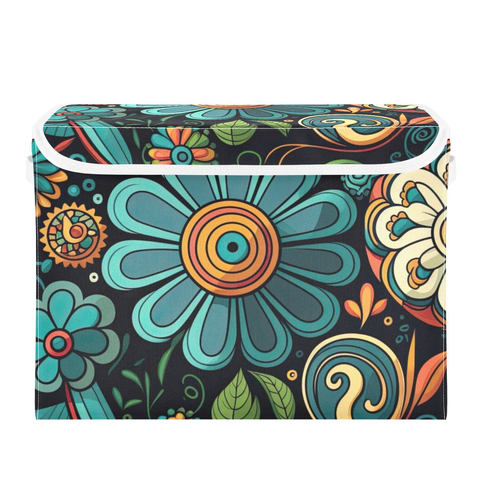 Vnurnrn Storage Bin with Lid Collapsible Hippie Style Floral Print, Large Capacity Foldable Storage Basket Cube for Clothes Toys 16.5Ă12.6Ă11.8 IN