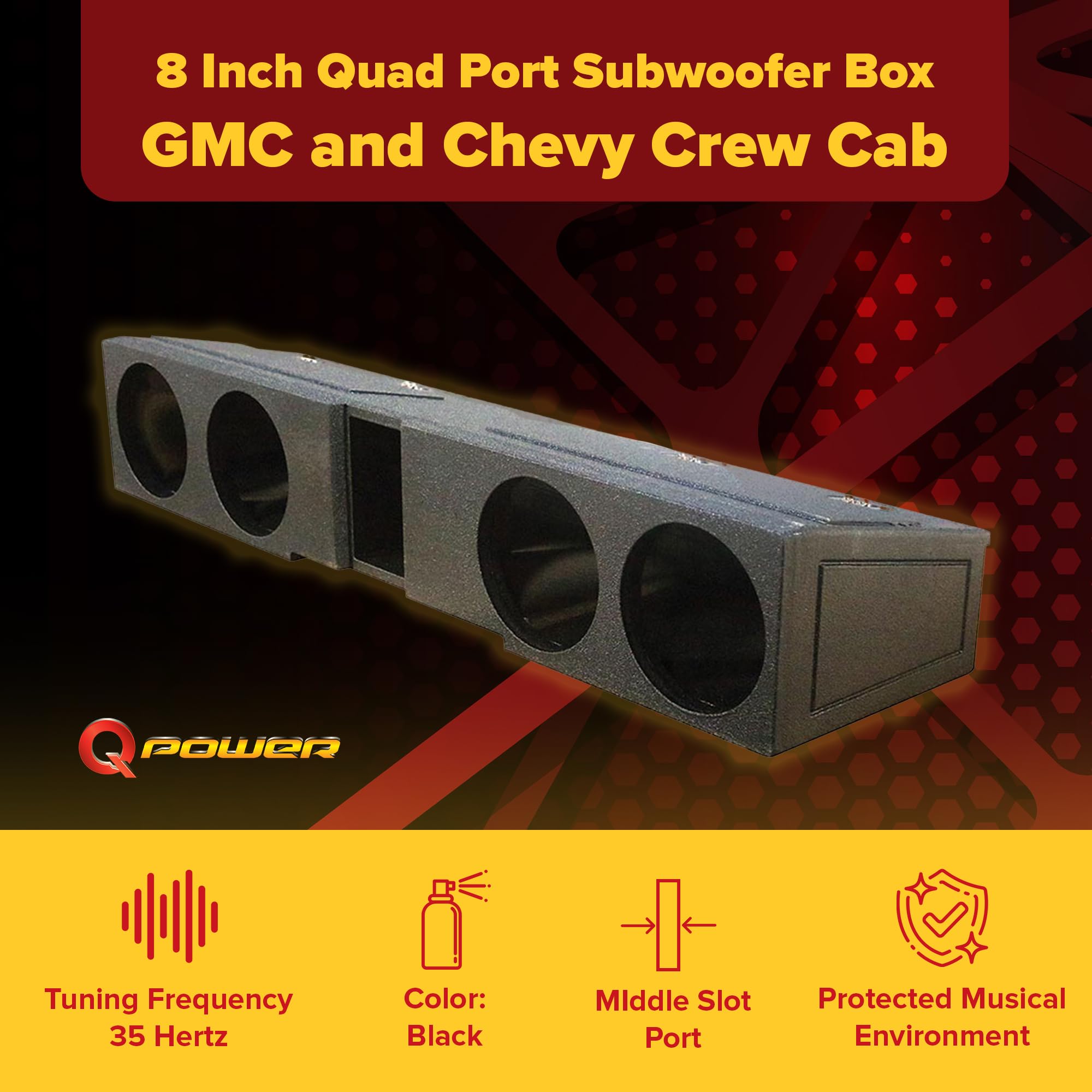 Q Power 8 Inch Quad Port Car Subwoofer Speaker Enclosure Box with Bed Liner and Underseat Down Front Fire for 4 Subwoofers, Black