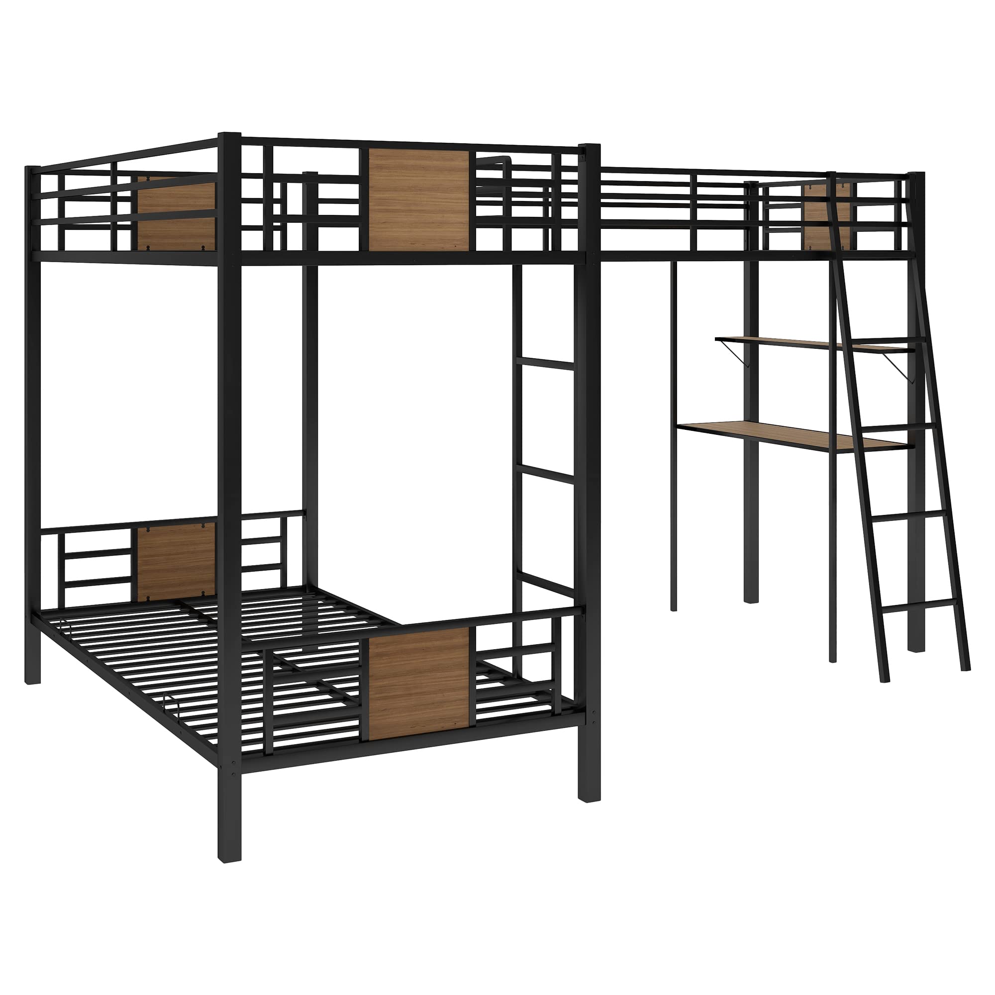 RUNWON Twin-Over-Twin Metal L-Shaped Triple Bunk Bed with a Twin Size Loft Bed and Desk and Shelf for Kids Teens