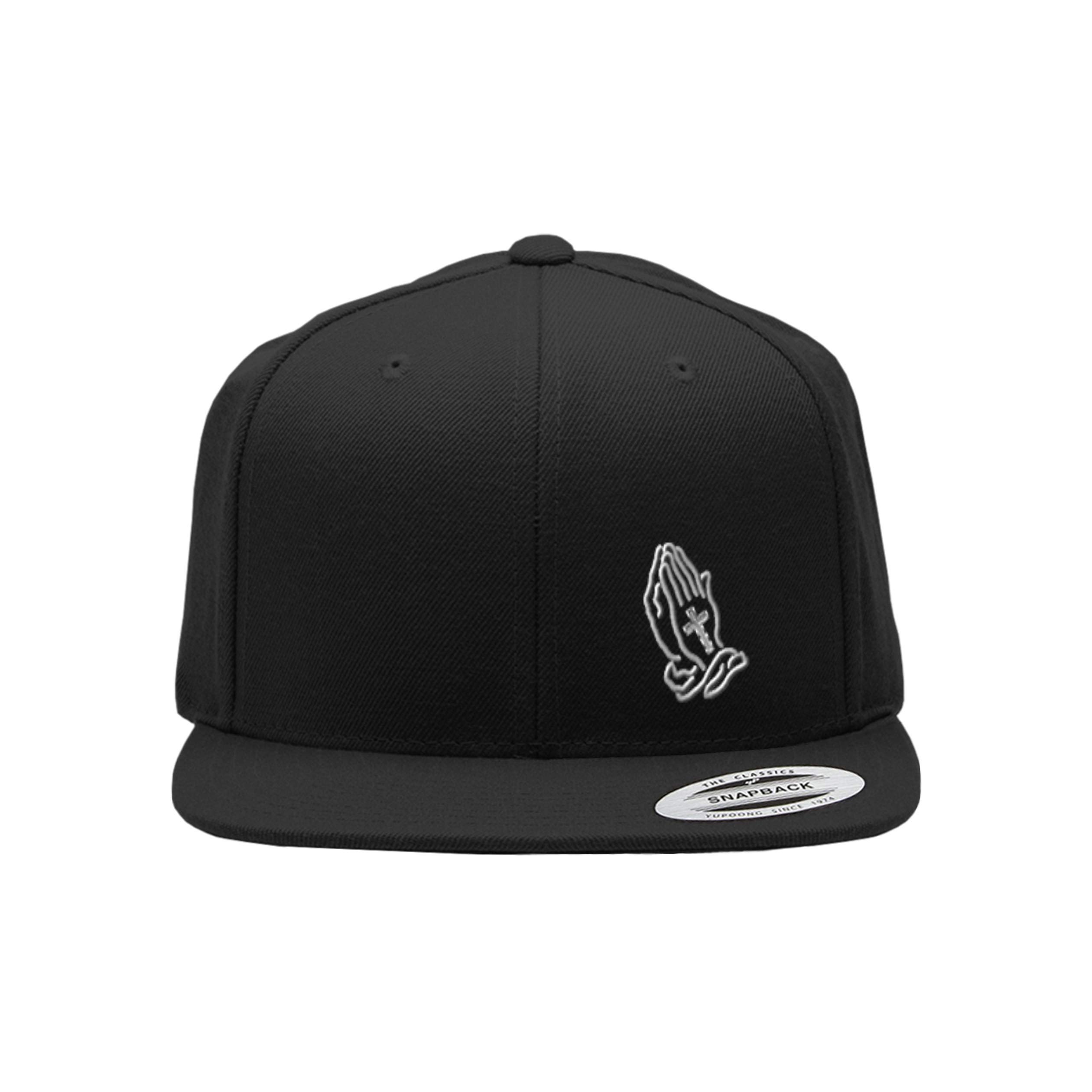 Snapback Flat Bill Left Side Panel Christian Hands Praying B Embroidery Hats for Men & Women Acrylic Black