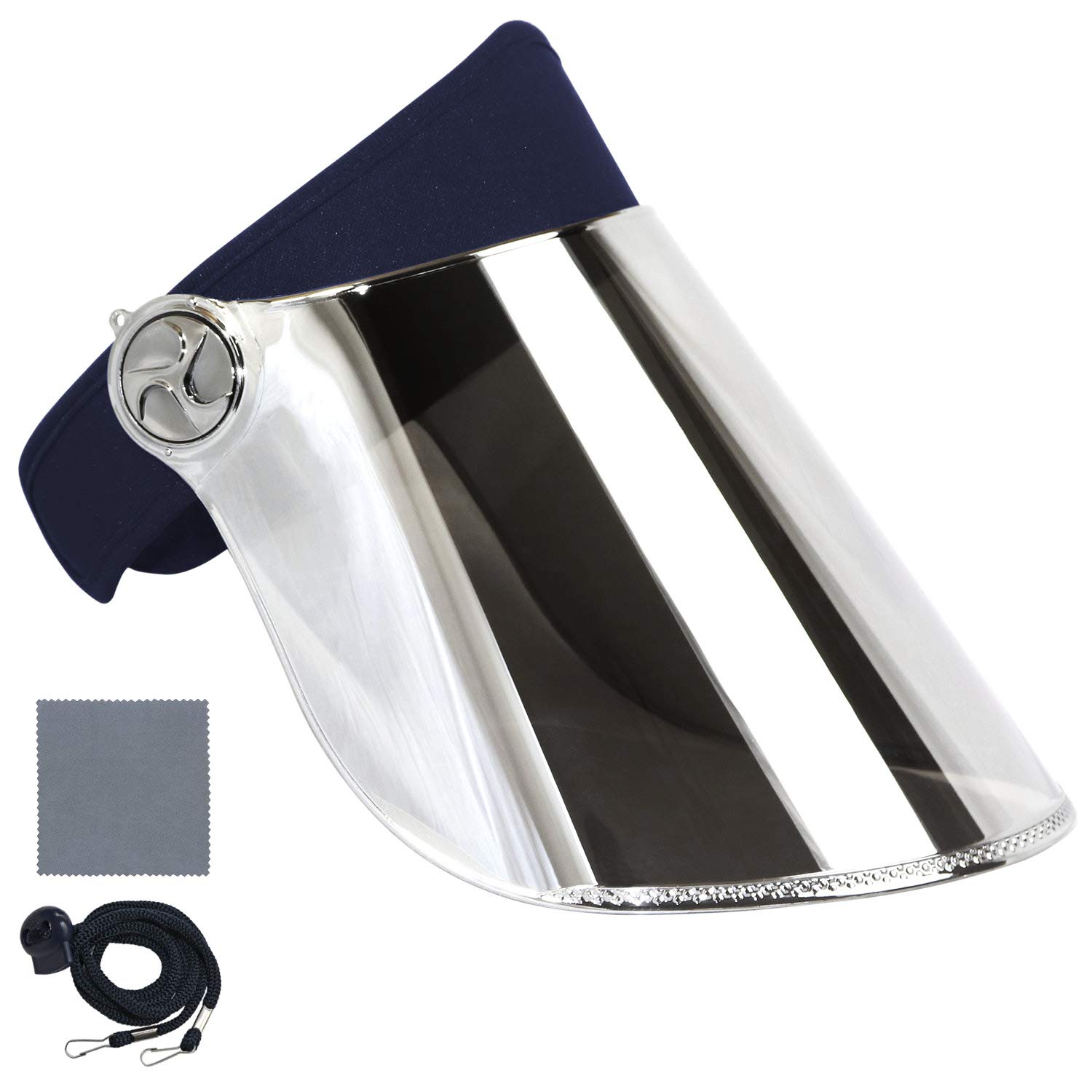 Sun Visor Hat Cap UV Protection - Premium Adjustable UPF 50+ Solar Headband Face Shield for Hiking, Golf, Outdoors (Navy Band/Mirror Visor)