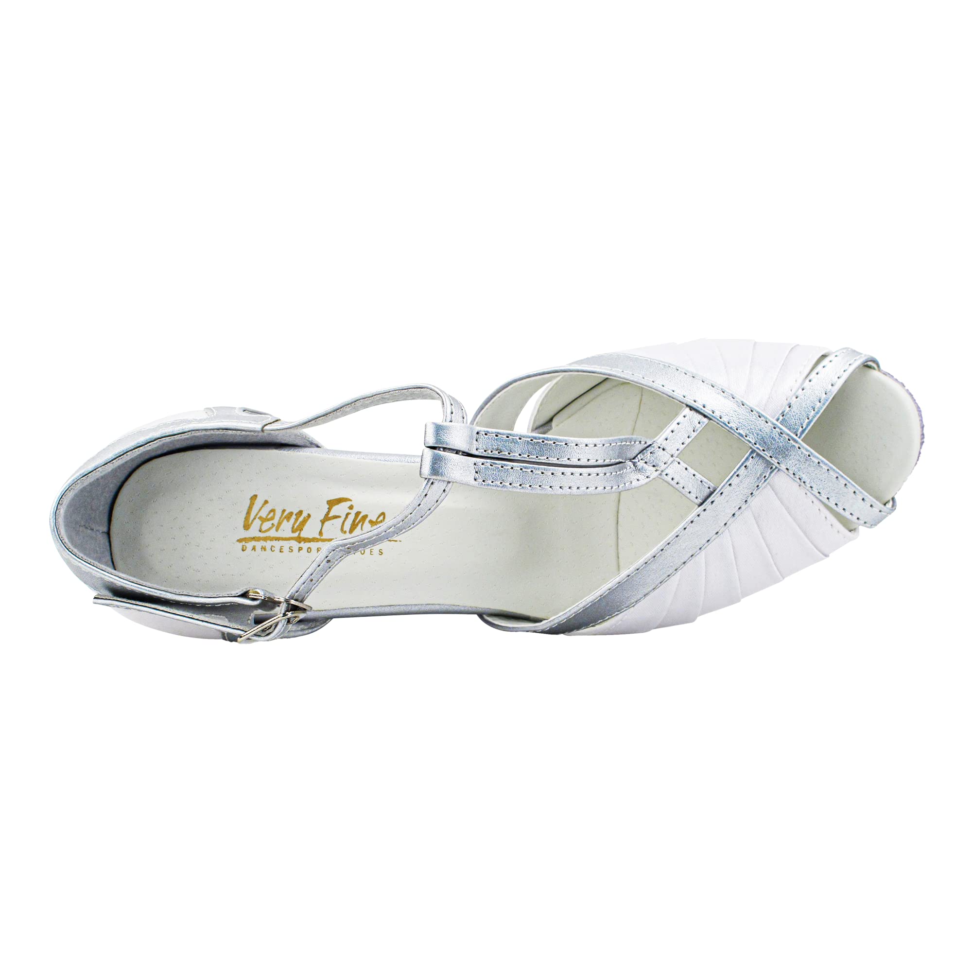 Very Fine Womens Dance Shoe Gabriella Bachata Swing Salsa Latin Ballroom White Satin and Silver 2.5" Heel 6 US