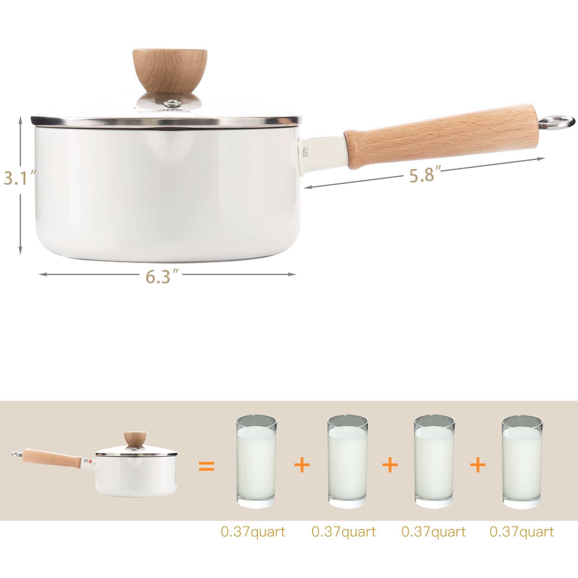 ROCKURWOK Ceramic Nonstick Sauce Pan, 1.5 QT Small Pot, Non Toxic & PFAS-Free, Wooden Handle for Cool Touch, Universal Base(Gas, Electric & Induction), White