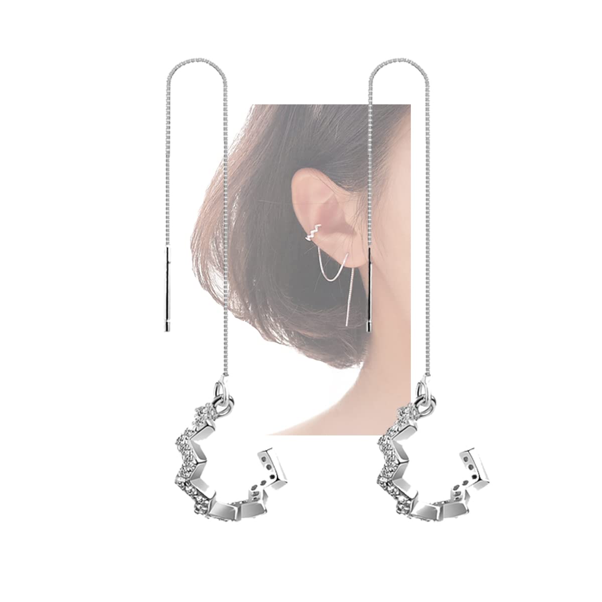 SLUYNZ 925 Sterling Silver Wave Cuff Earrings Wrap Tassel Earrings for Women Threader Earrings Chain