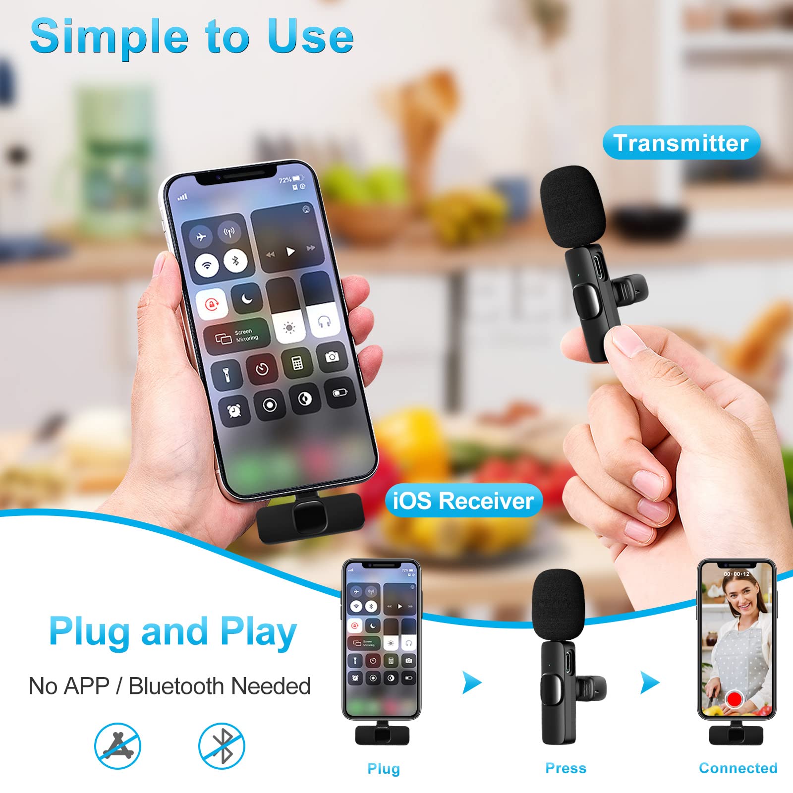 Wireless Lavalier Lapel Microphone for iPhone Mini Mic with Clip Plug-Play Auto Sync Noise-Cancelling Mic for YouTube TikTok Facebook Vlog Interview Recording Without APP/Bluetooth
