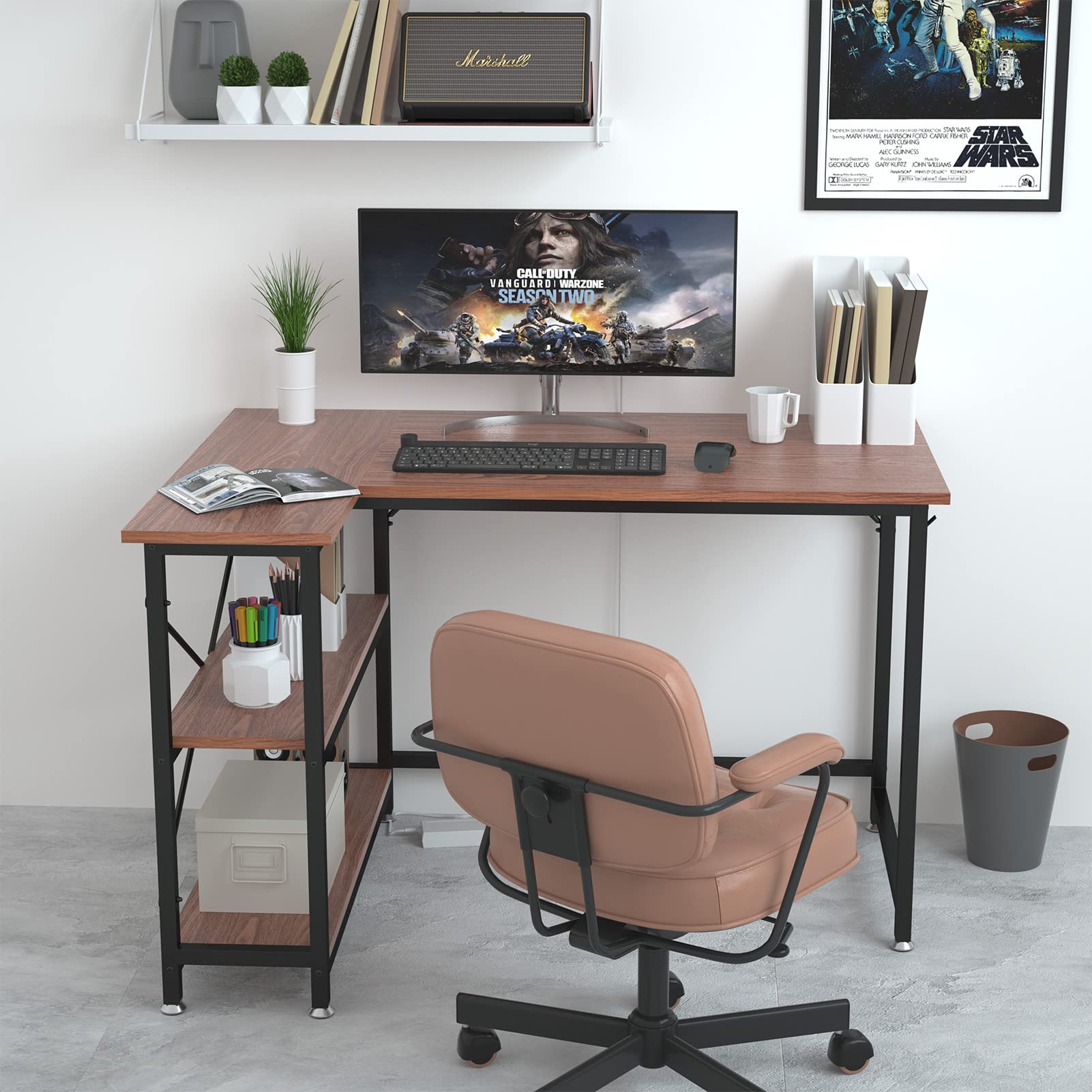 Pyraxis L Shaped Computer Desk, 47 Inch Gaming Desks with Hooks, Corner Desk with Storage Shelves, Office Desk for Small Space, Reversible Desks for Home Office, Walnut