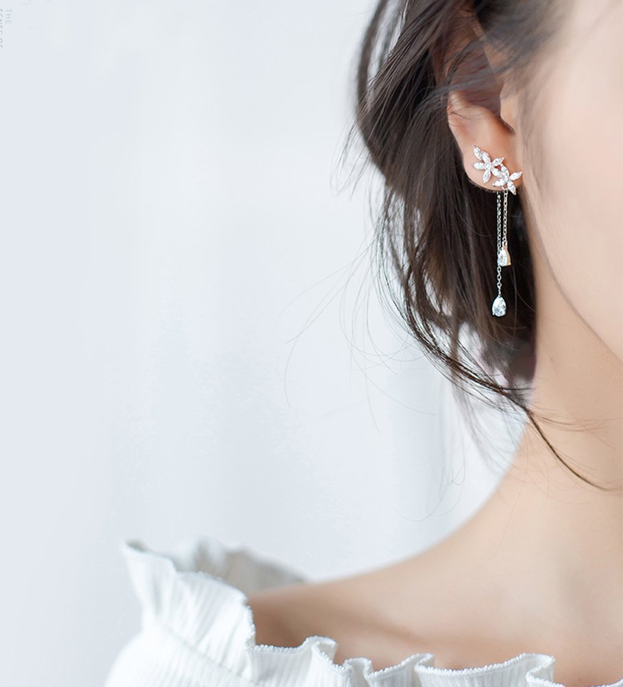 SLUYNZ 925 Sterling Silver CZ Flowers Wrap Earrings Dangle Chain for Women Elegant Bridal Earrings Wedding Engagement Drop Earrings (A-Silver)