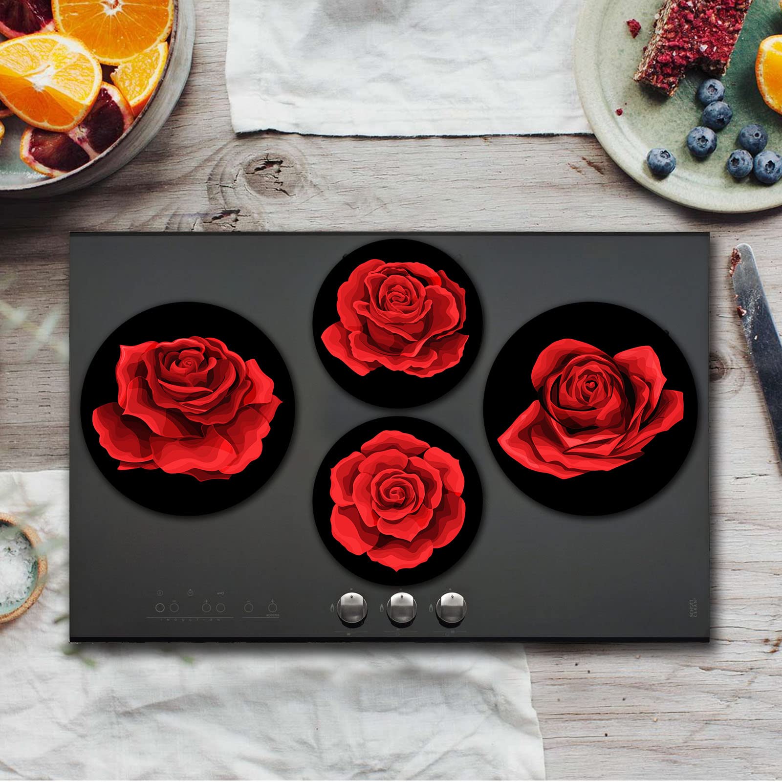 Red Rose Electric Stove Burner Covers,Set of 4 Round Stove Burner Covers,8 Inches and 10 Inches,Gas Stove Burner Covers,Metal Stove Burner Cover,Rose Bloom Cooktop Decorative,Home Decor,Kitchen Decor