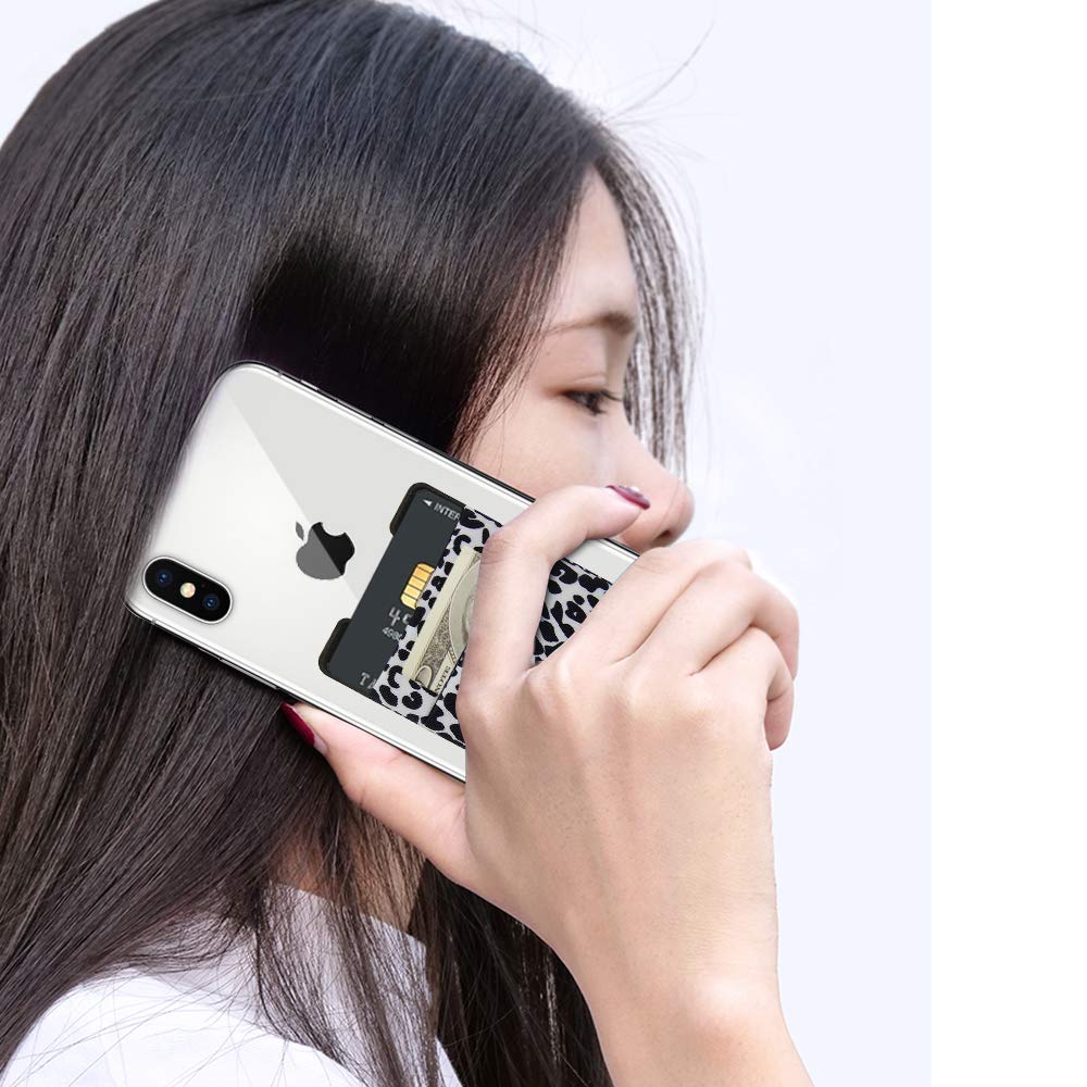 SHANSHUI Phone Wallet, 2 Pack Lycra Phone Card Holder Stick On Wallet Card Holder Pocket Compatible for iPhone, Android and All Smartphones-White Cheetah