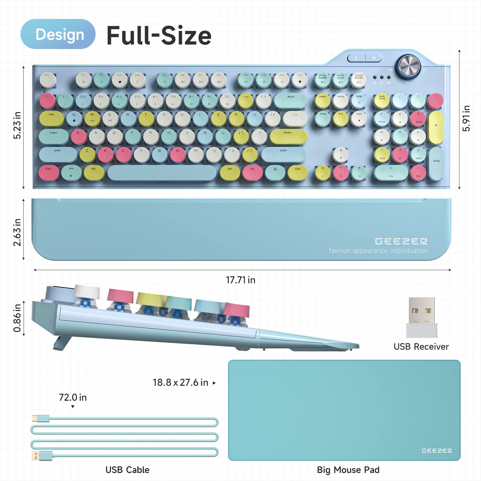 Wireless Mechanical Gaming Keyboard with LED Backlit, Multihost 2.4 GHz + Bluetooth + Wired Connection, Blue Switch Rechargeable Full-Size Keyboard with Ergonomic Magnetic Wrist Rest for Windows, Mac