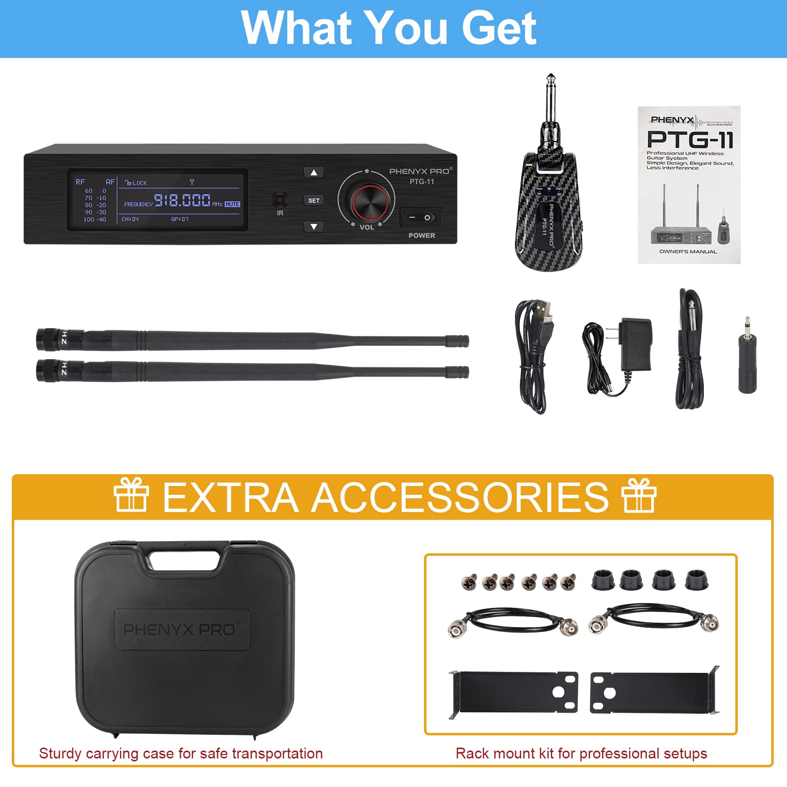 Wireless Guitar System, Phenyx Pro True Diversity Guitar Wireless Set w/Rechargeable Wireless Guitar Transmitter, 100 UHF Channels, Wireless Instrument System for Electric Guitar Bass (PTG-11)