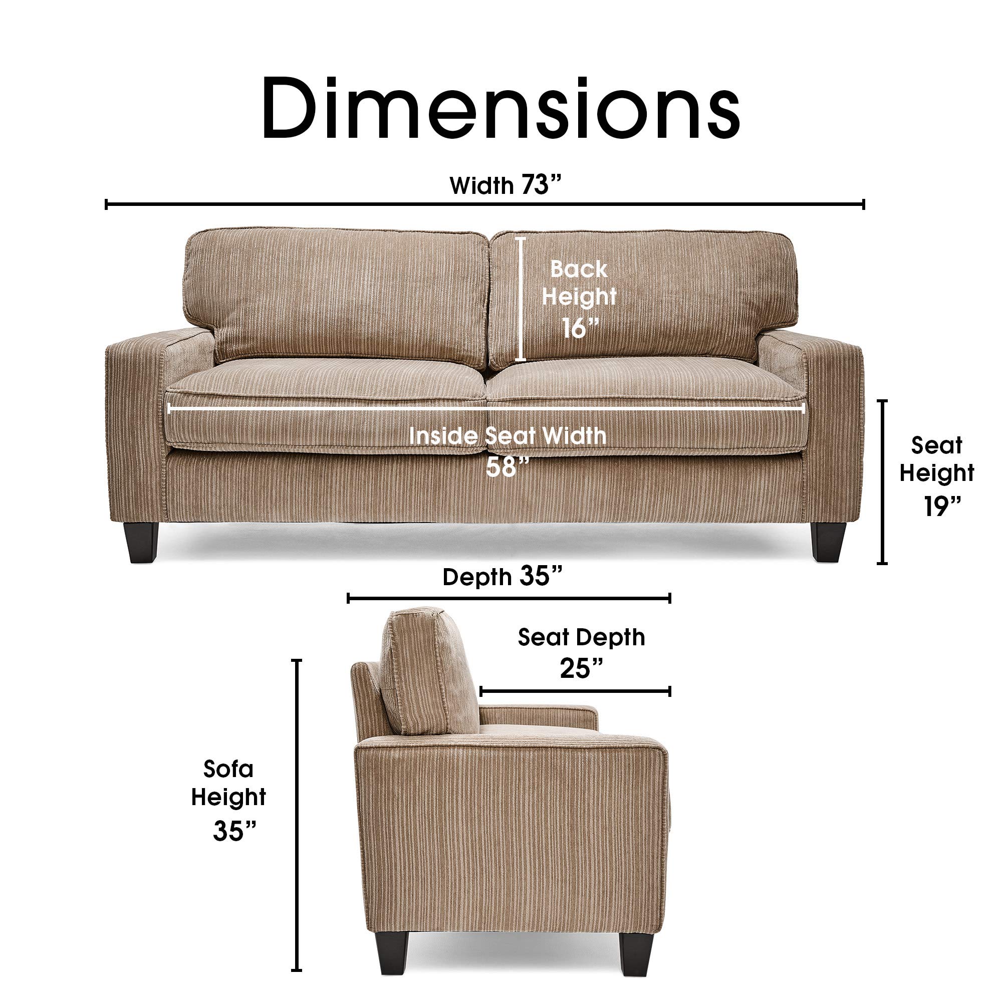 Serta Palisades Upholstered Sofas for Living Room Modern Design Couch, Straight Arms, Soft Fabric Upholstery, Tool-Free Assembly, 73" Sofa, Kingston Beige