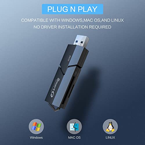 SmartQ C307 DUO SD Card Reader Portable USB 3.0 Flash Memory Card Adapter Hub for SD, Micro SD, SDXC, SDHC, MMC, Micro SDXC, Micro SDHC, UHS-I for Mac, Windows, Linux, Chrome, PC, Laptop, Switch (Duo)