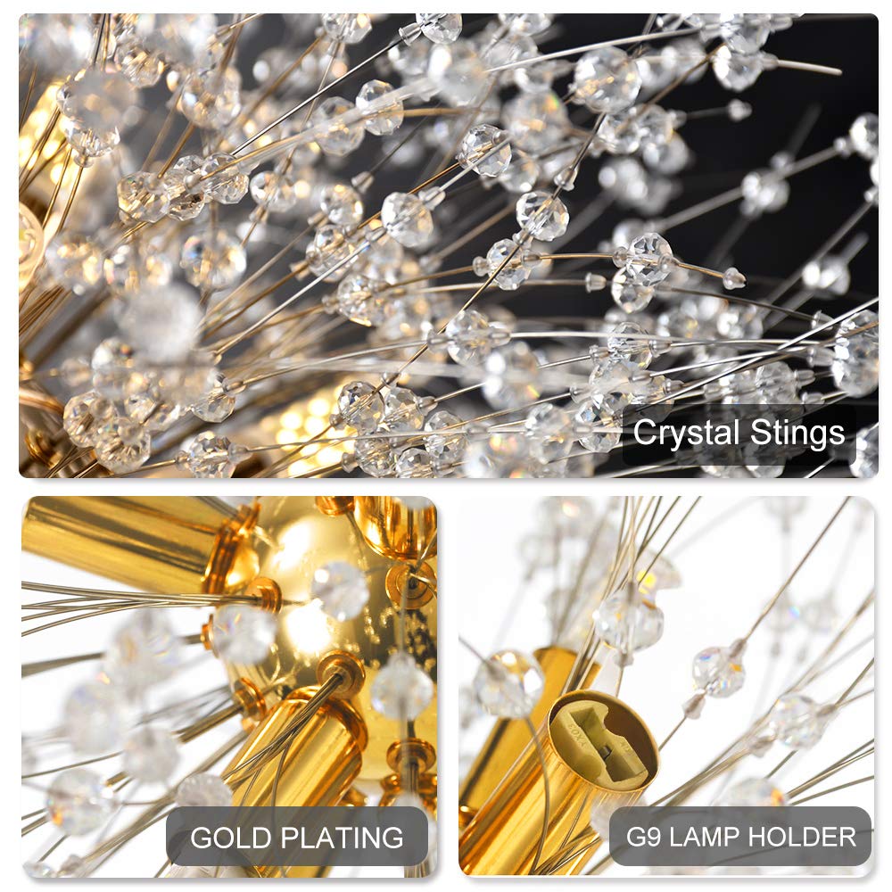 Qamra Modern Crystal Gold Chandeliers, Firework Dandelion Sputnik Chandelier Light Fixture Pendant Lighting for Dining Room, Bedroom, Kitchen, Living Room(12-Light, Gold)