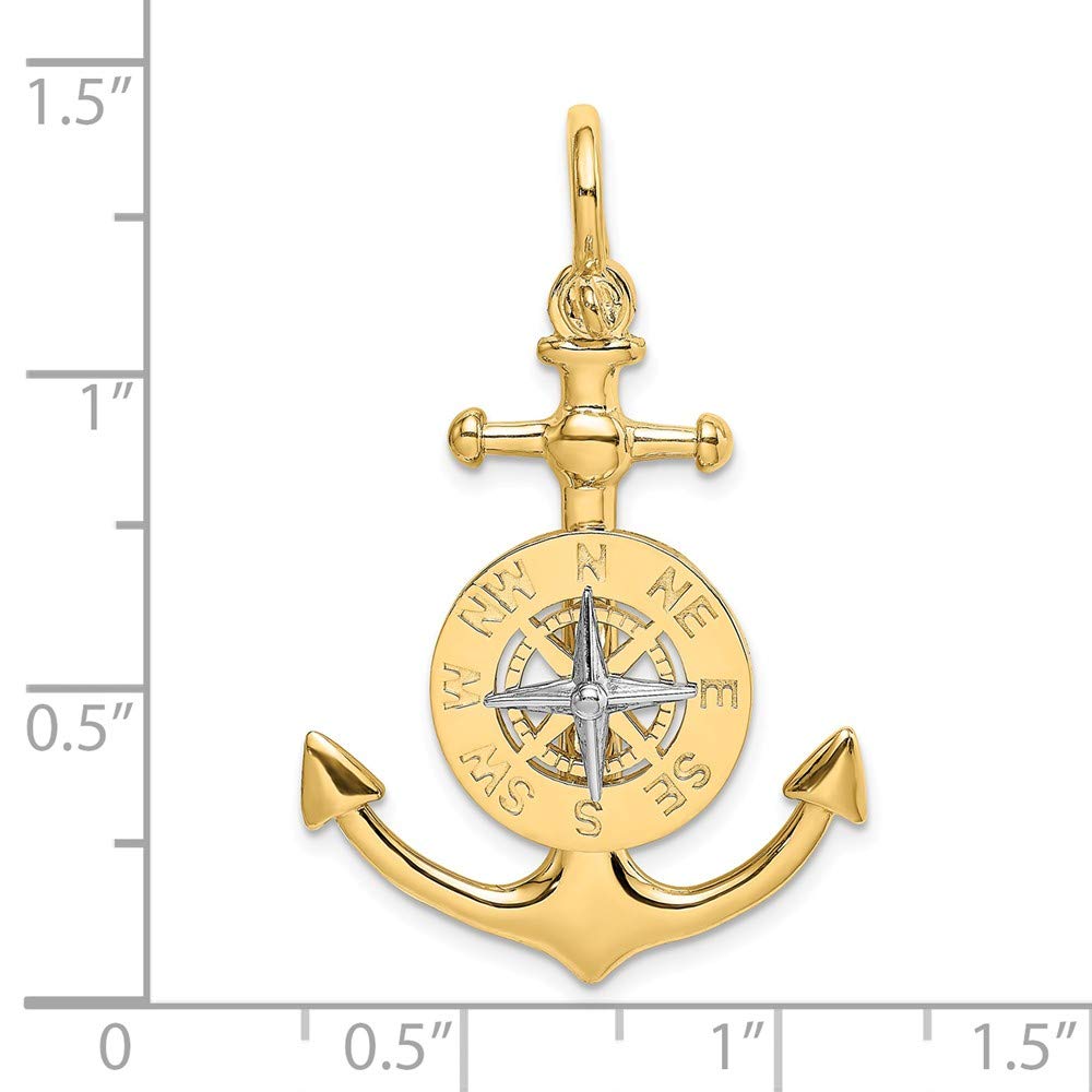 Solid 14k White and Yellow Gold Two Toned 3-D ANCHOR COMPASS and Needle Charm Pendant - 45mm x 23mm
