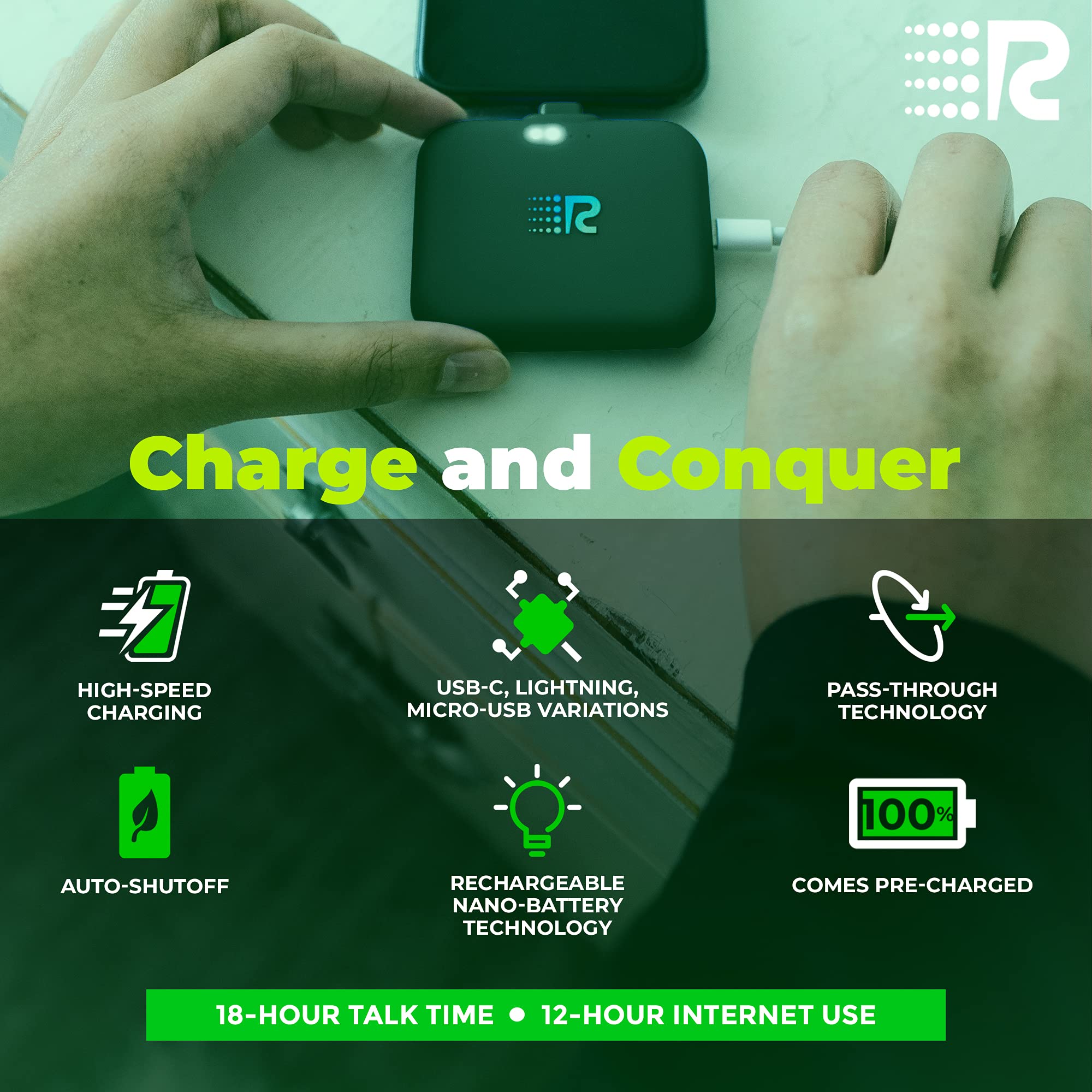 Rush Charge Air Portable Power Bank for Android (USA) β 2500mah, 2.1A High-Speed Power Bank Fast Charging - Lightweight, Compact USB C Charger β Travel Size, Pre-Charged Battery Pack