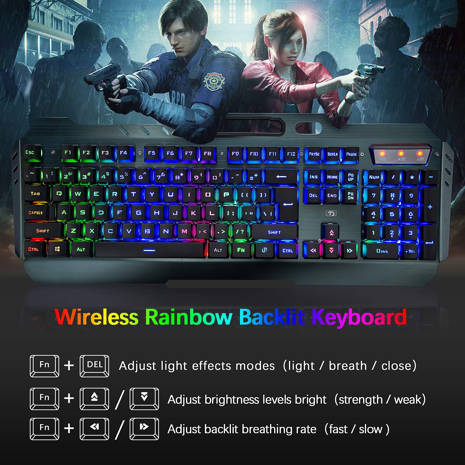 Wireless Keyboard and Mouse Combo,Rainbow Backlit Gaming keyboard with Memory Foam Keyboard Wrist Rest,Rechargeable 3800 mAh Battery,Metal Panel,Mechanical Feel,Ergonomic,Gaming Mouse for PC Gamers