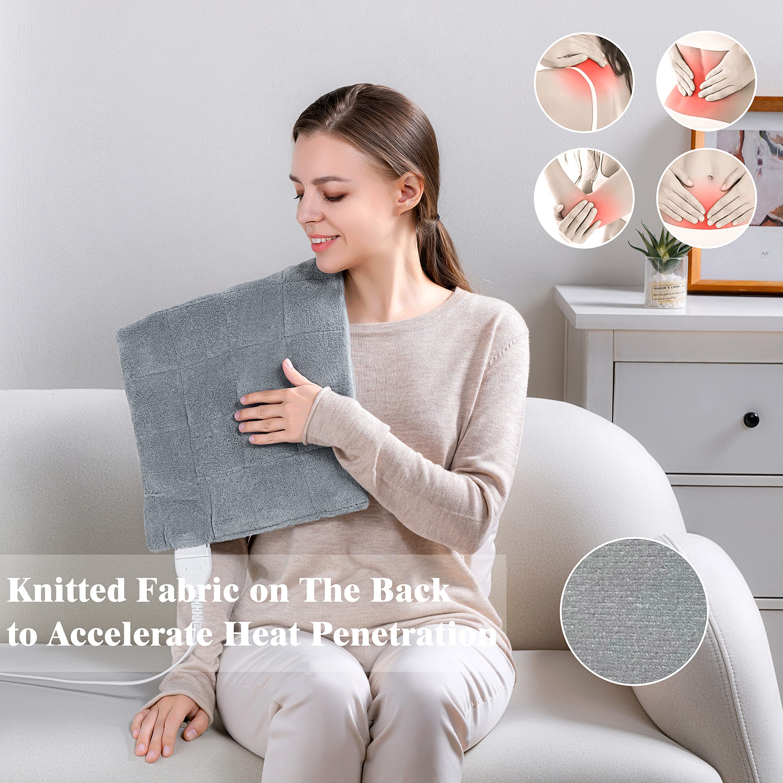 SAFER Electric Heating Pad for Back,Cramps,Neck,Shoulder,Arms,Legs,Abdomen & Knee Pain Relief,Quick-Heat Pad with LCD Control Panel,Auto Shut Off,Machine Washable,12"x24"(Silver Gray )