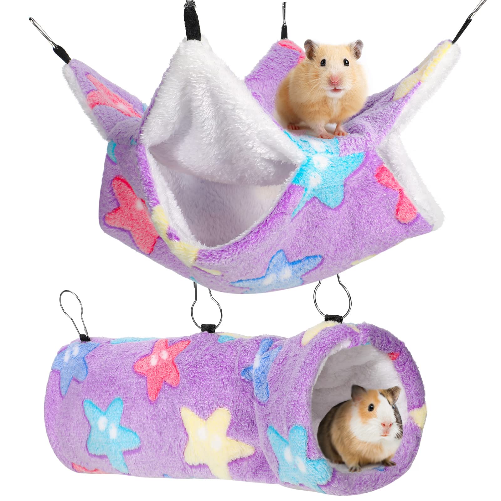 Shappy 2 Pieces Small Pet Cage Hammock Hanging Tunnel for Small Animals Hanging Bed Cage Guinea Hammock Cage Accessories for Ferret Rat Chincilla Hammock Sleeper Cage Accessories Set (Purple, Star)