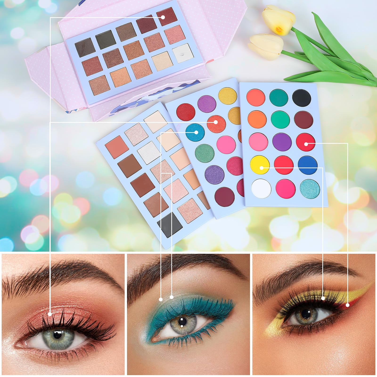 TEASIK 60-color eyeshadow palette sets 4 in 1 make up palette with highly pigmented glitter metallic matte mhimmer, suitable for beginners and easy to blend