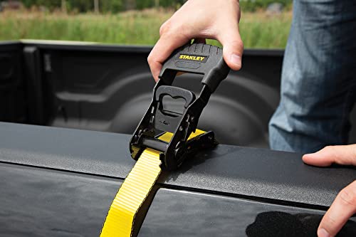 STANLEY S1007 Black/Yellow 1.5" x 16' Ratchet Tie Down Straps - 1,100 lb Safe Working Load / 3,300 lb Break Strength, 2 Pack