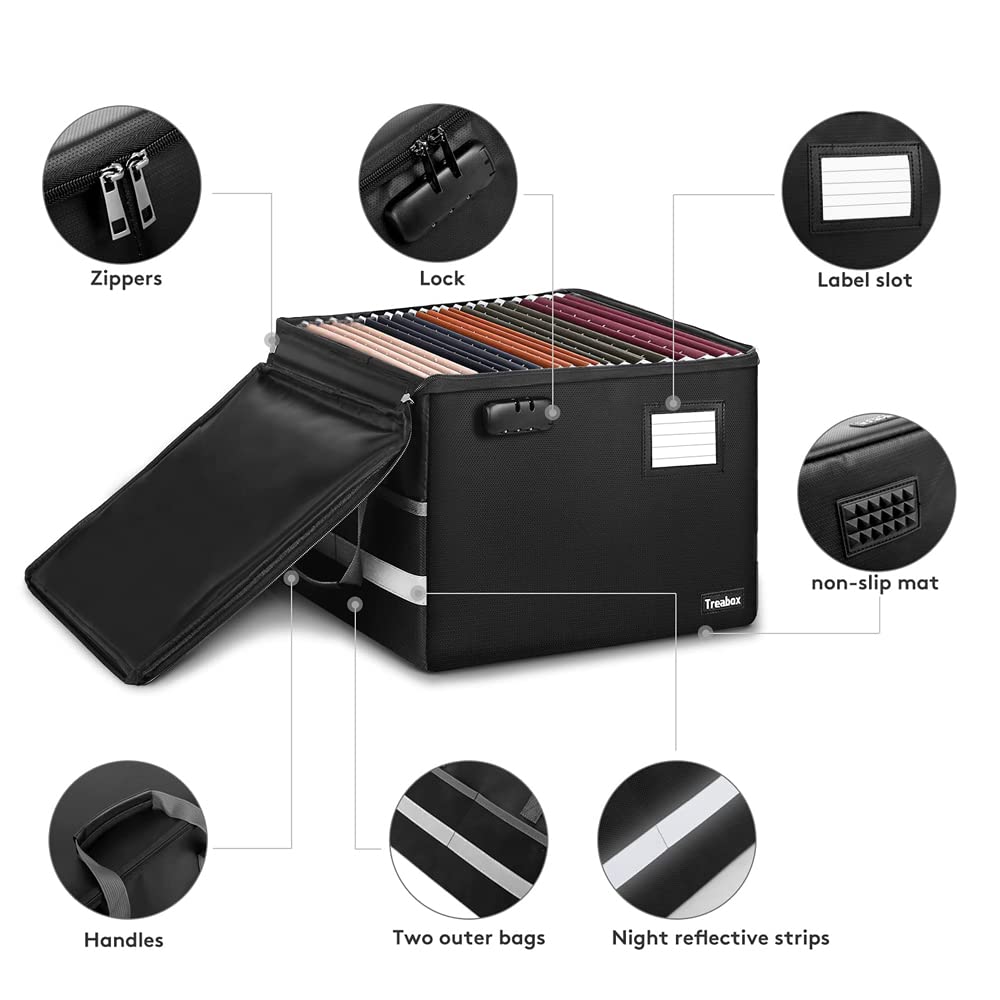 Treabox File Box with Lock, Fireproof File Storage Organizer Box with Lid, Collapsible Document Case,Portable Home Office Safe Box with Handle for LetterLegal Folder ,Black