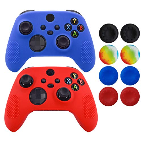 Skin for Xbox Series Controller,Hikfly Cover Compatible with Xbox Series X/S Controller Grips Case Non-Slip Studded Silicone Controller Cover x2 with 8pcs Thumb Grips Caps(Red,Blue)