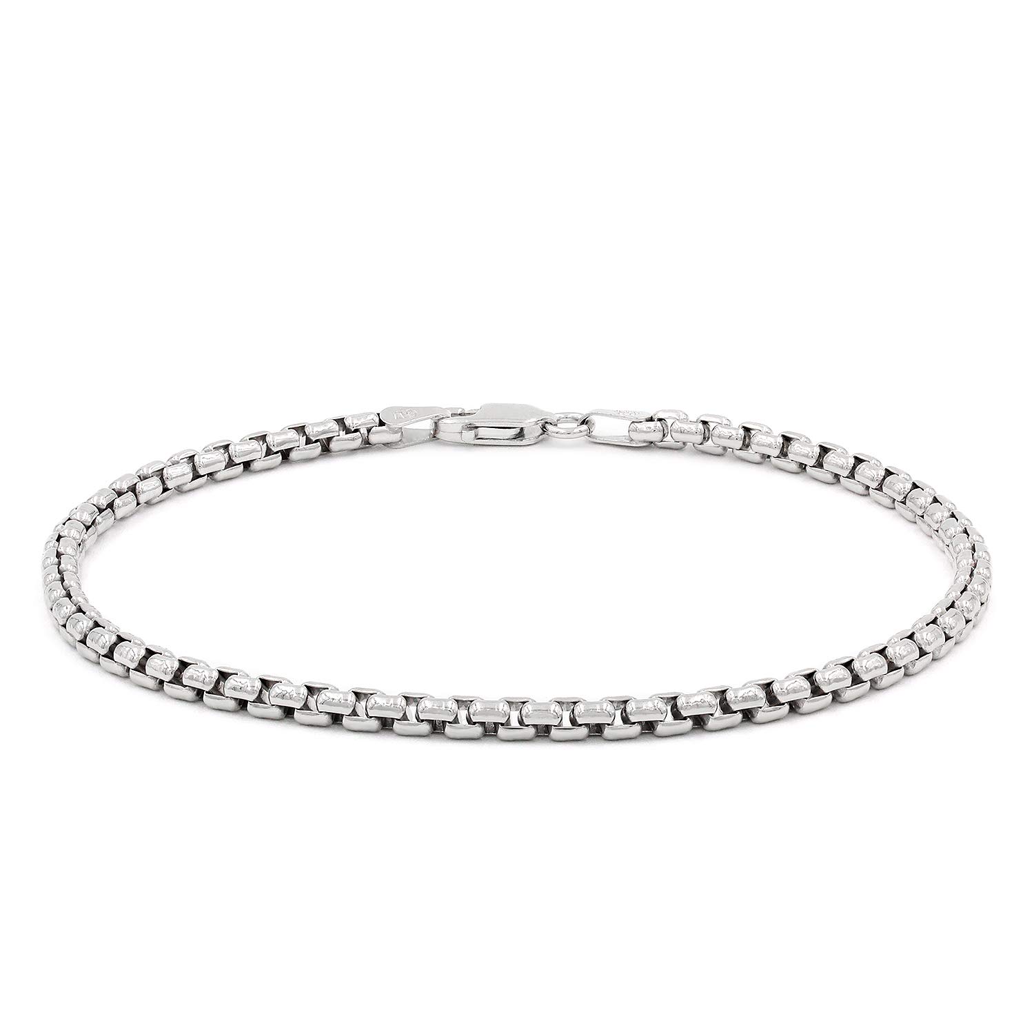 Giorgio Bergamo 925 Sterling Silver Italian 1.5mm Round Box Bracelet, Solid Rolo Link Rhodium Chain, (8.5)