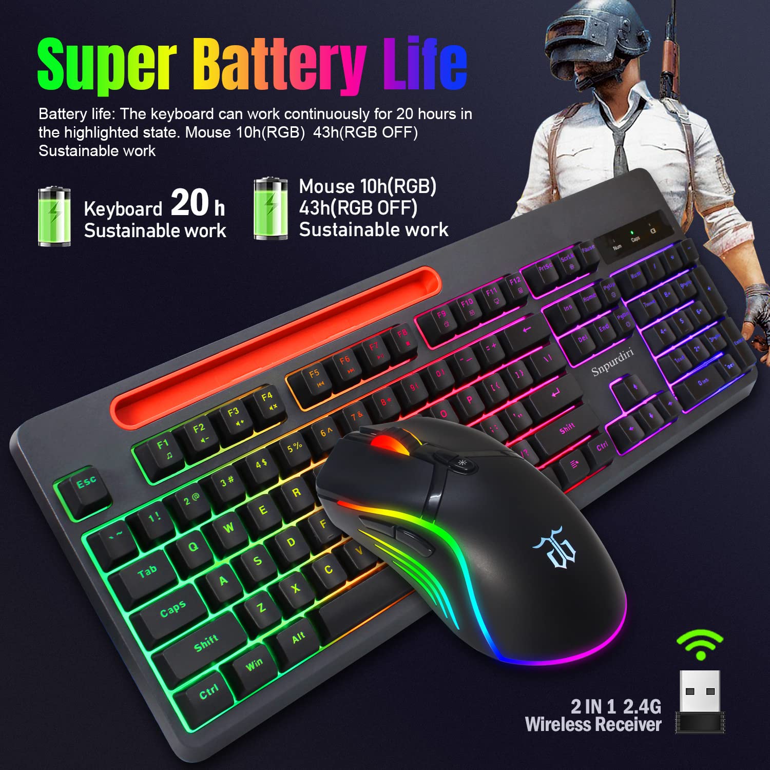 Wireless Gaming Keyboard and Mouse Combo, Snpurdiri Rainbow Backlit Mechanical Feeling Rechargeable Full Size Anti-ghosting Keyboard with Tablet/Phone Bracket, Long Battery Life for PC Gamer