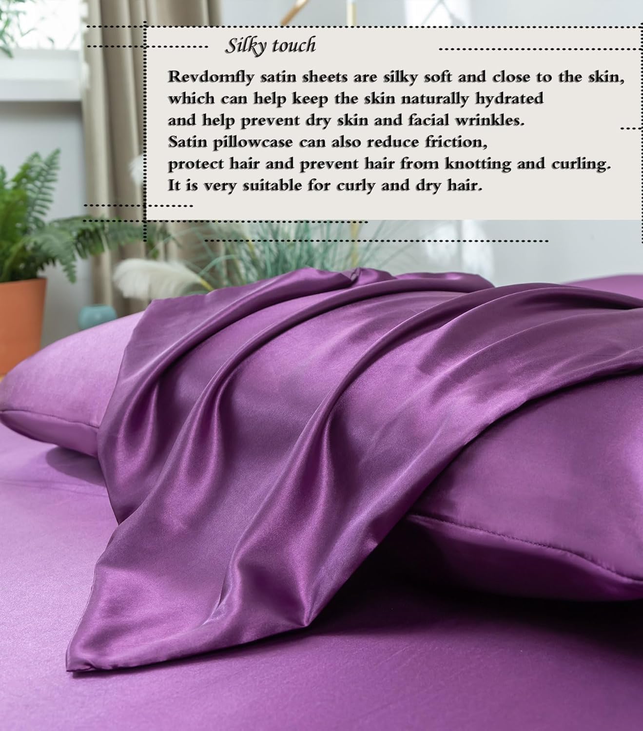 Revdomfly 4 Pcs Full Size Luxury Silky Soft Purple Satin Sheet Set,1 Premium Moisture Wicking Fitted Sheet Fits Up to 16 Inches Deep Pocket + 1 Flat Sheet + 2 Pillowcases(Purple, Full)