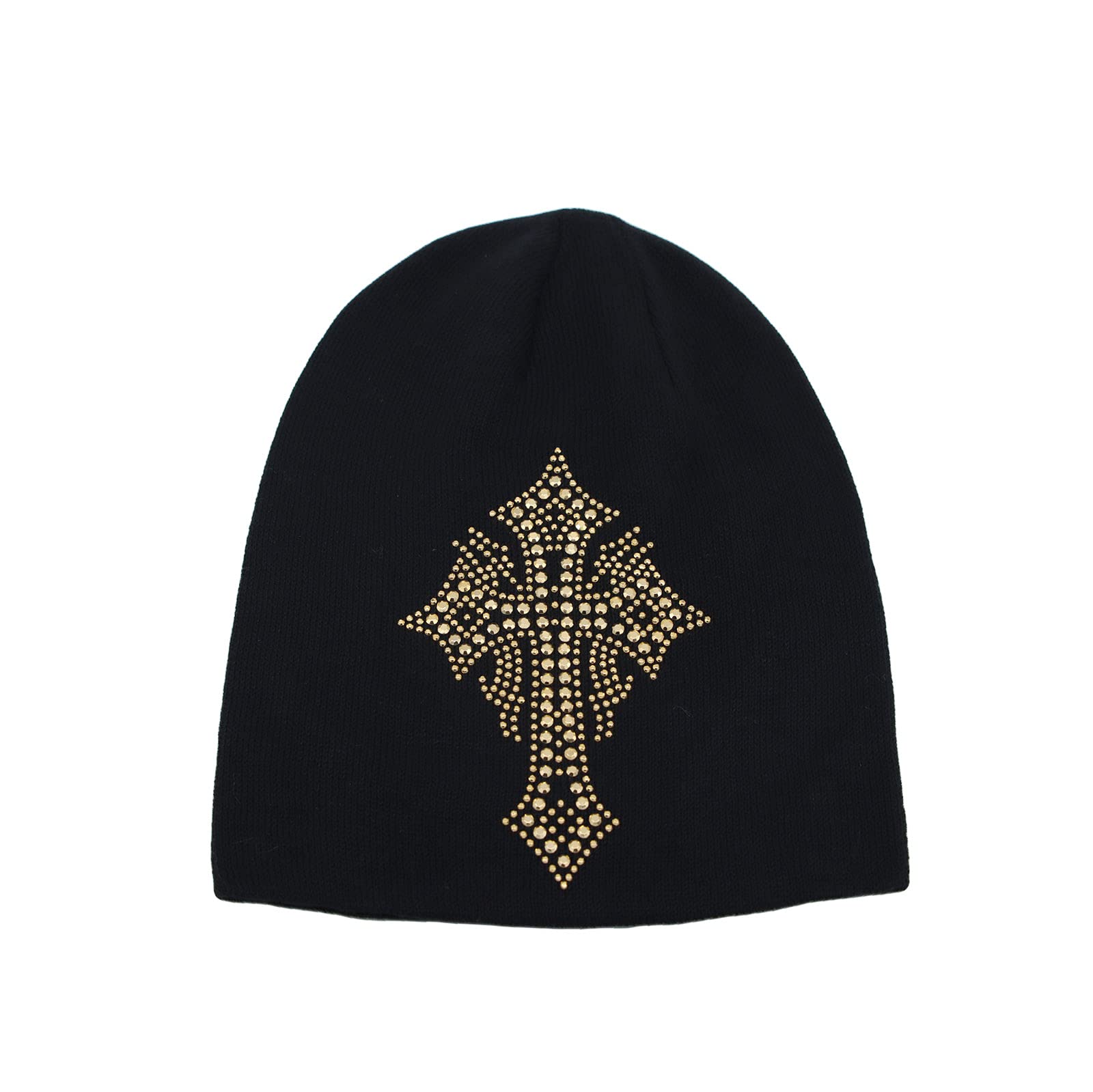 WITHMOONS Cross Rhinestone Knitted Beanie Hat Cotton Slouchy Skull Cap YT51354 (Silver)
