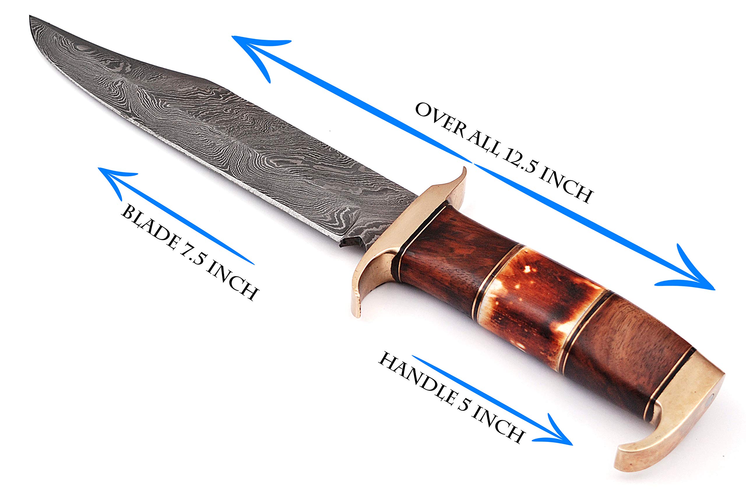 Zaildar Damascus Steel Bowi Knife Custom Handmade Knife Fixed Blade Knife Hunting Knives Survival Knife and Camping Knife with Bone and Rose Wood Handle with Leather Knife Sheath