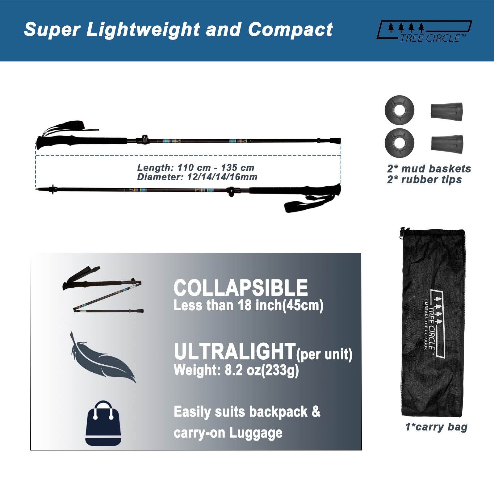 Tree Circle Aluminum 7075 Trekking Poles - 2pcs Pack Collapsible & Ultralight Folding Walking Sticks with Quick Flip Lock, Long EVA Foam Handle for Hiking, Backpacking, Mountaineering