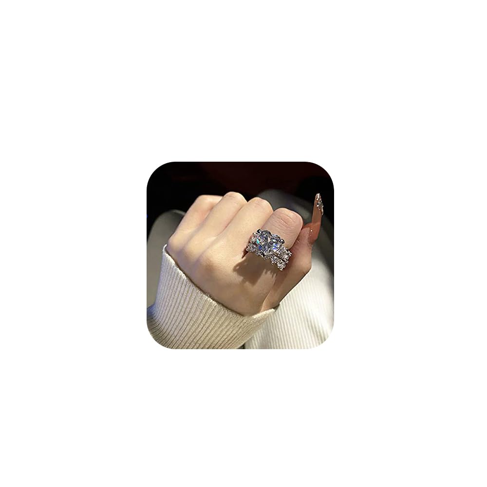Wiwpar Fashion Heart Rhinestone Rings Set for Women 2PCS Stackable Ring Sparkly Heart Rhinestone Ring