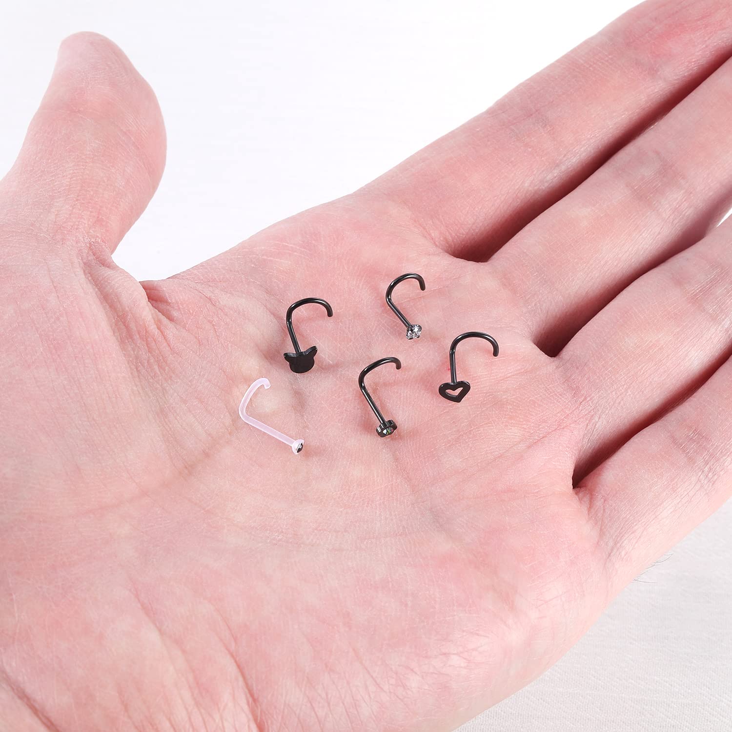 ZS 15Pcs Nose Rings for Women - 20G Stainless Steel L Shape Screw Nose Piercings Jewelry Black Nose Studs Rings (Black,Corkscrew)