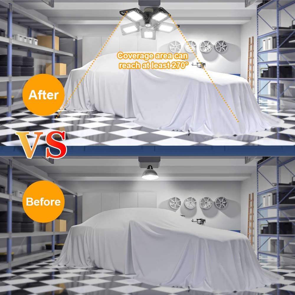 Upgraded 160W LED Garage Light, 16000LM Super Bright Motion Sensor Garage Light with 5 Deformable LED Panels, 6000K Daylight Ceiling Garage Light for Garage, Barn, Workshop, Warehouse(2 Pack)