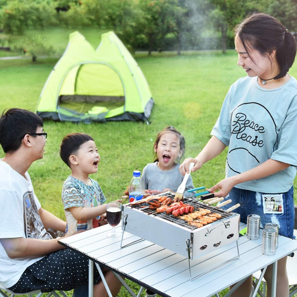 QIAOLI Charcoal Grill Barbecue Portable BBQ - Stainless Steel Folding Grill Tabletop Mini Outdoor Smoker BBQ for Garden Backyard Camping (Color : Silver)