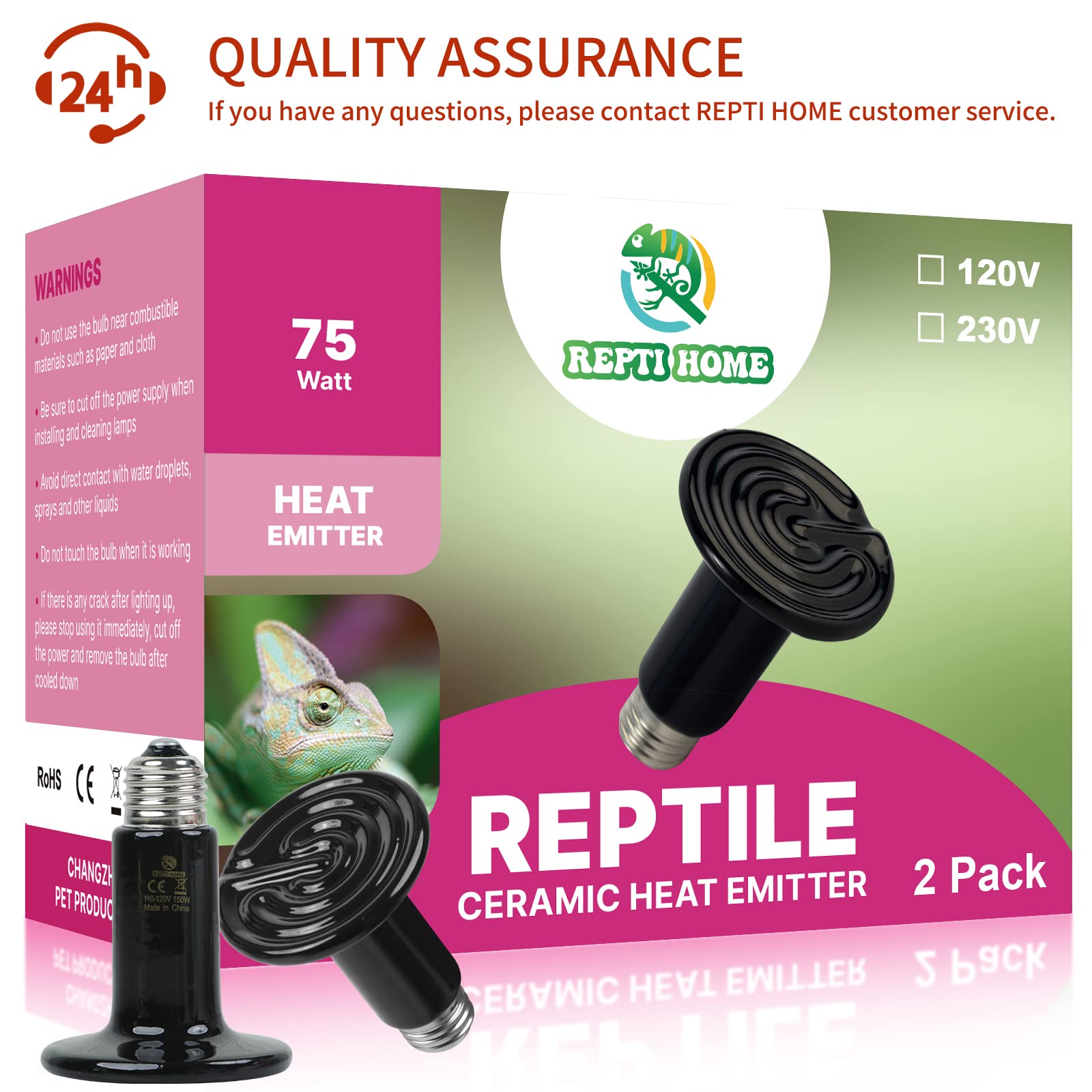 REPTI HOME 75W Ceramic Heat Emitter (2 Pack), Reptile Heat Lamp Bulbs, Ceramic Heater for Amphibian, Pet Brooder Coop, Chicken, Dog, Cat