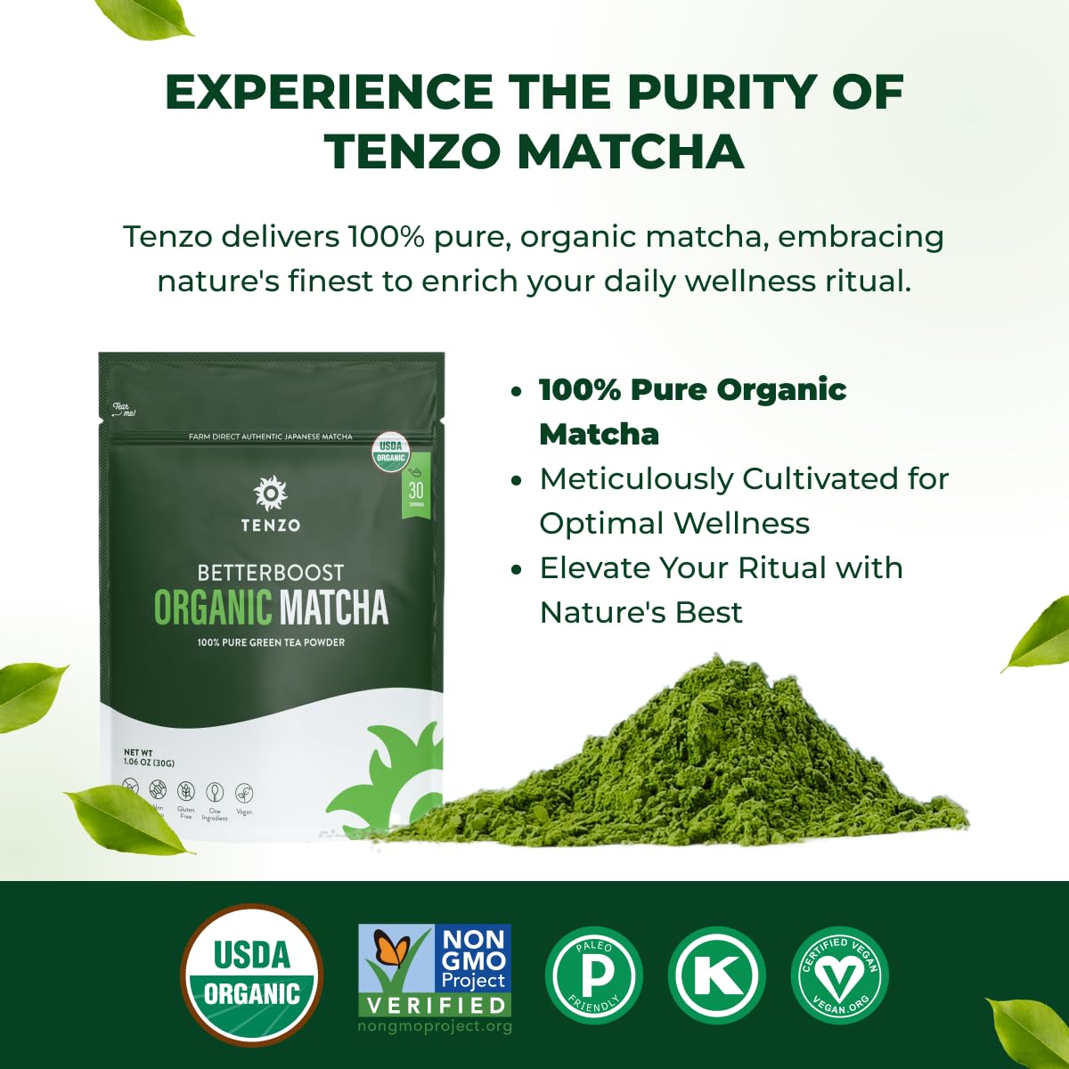 Tenzo Matcha Green Tea Powder - Matcha Powder USDA Organic Premium Grade - Authentic Japanese Matcha Tea - Original Matcha Latte Powder - BetterBoost (1.06 Ounce)